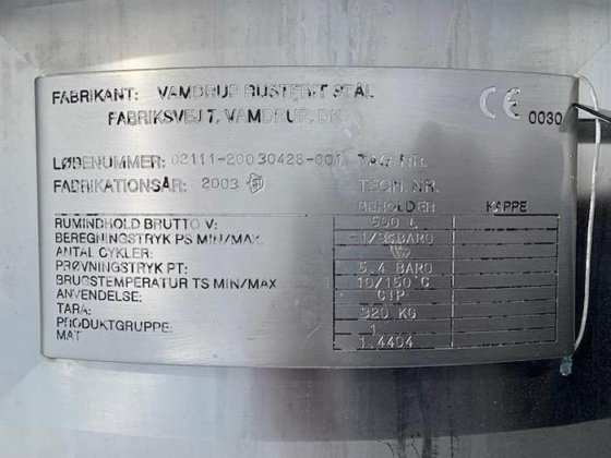 Stainless 500 liter pressure tank in Harndrup, Denmark