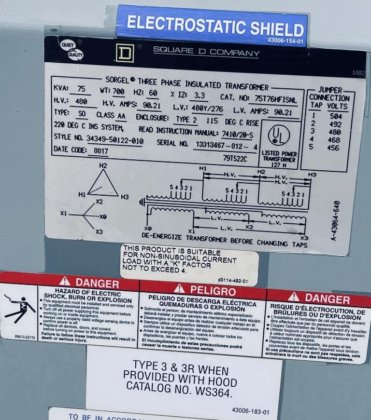 75 kva Square D isolation transformer Primary 480 v delta Secondary 480 ...