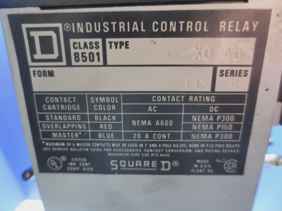 CAPITOL SQUARE D INDUSTRIAL CONTROL RELAY CLASS 8501 X0 40 9998 X44 ...