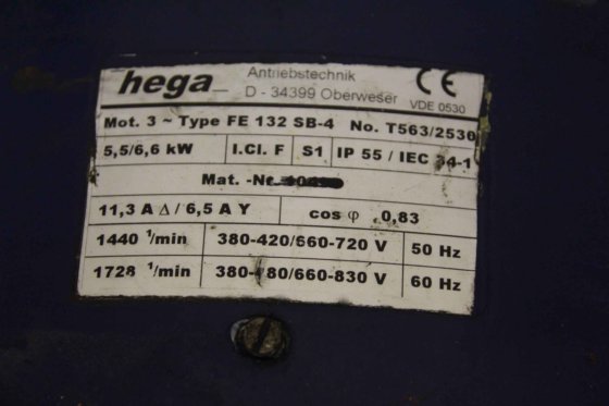 Electric motor 5.5 / 6.6 kW 1440/1728 rpm from hega - FE 132 SB-4 23358 ...