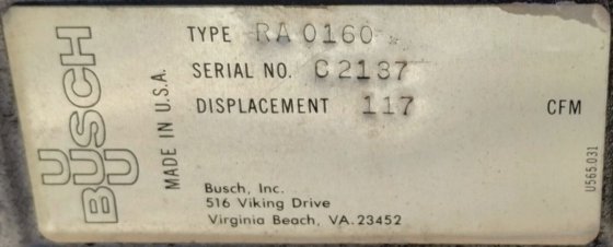 BUSCH RA0160 ROTARY VANE VACUUM PUMP 117 DISPLACEMENT in Woodruff, SC, USA