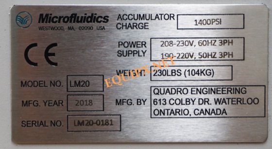 Microfluidics LM20 high shear microfluidizer (2018) in San Jose, CA, USA