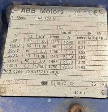 ABB M3AA 160 M-4 11kW Electric Motor, 1460rpm. Lot located Holme Upon ...