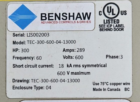 Benshaw 300HP Solid State Starter – 600V in Saskatoon, Saskatchewan, Canada