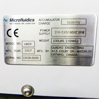 Unused Microfluidics Model LM20 Process Microfluidizer with Diamond ...