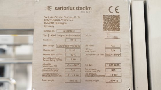 2016 Sartorius 1000L Single-Use Bioreactor in Woonsocket, RI, USA