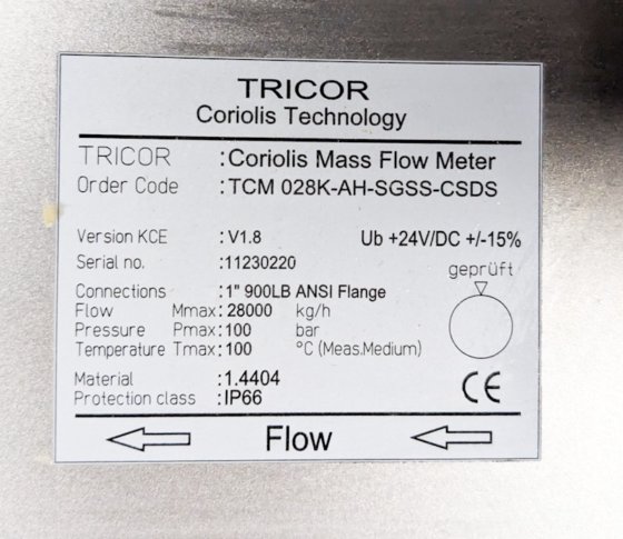 TRICOR TCM 028K-AH-SGSS-CSDS Coriolis Mass Flow Meter in Millis, MA, USA