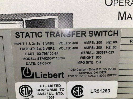 Liebert Static Transfer Switch STS 200A 480v 6x NSF250A Breakers ...