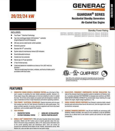 NEW 22KW GENERAC Home Guardian Gas Generator - Includes Transfer Switch ...