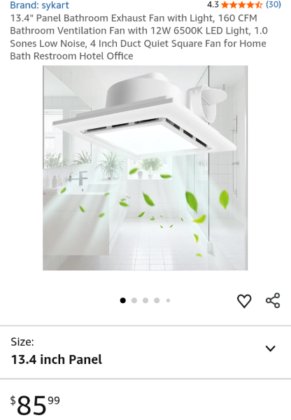 13.4 Panel Bathroom Exhaust Fan w/Light, 160 CFM in Bensalem, PA, USA