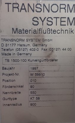 Transnorm belt curve conveyor left 90°-750-550-IR900 in Würzburg, Germany