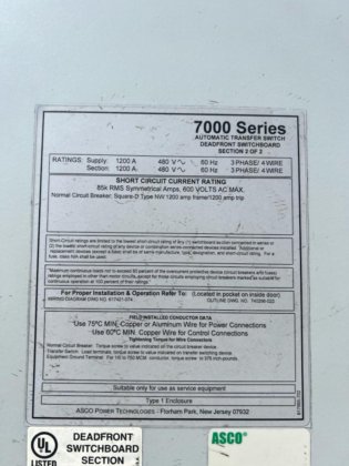 1200 Amp ASCO Deadfront Switchboard Bypass Isolation Transfer Switch in ...
