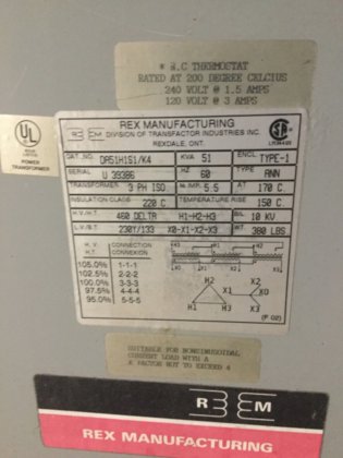 Rex Mfg 51 KVA Transformer Cat DAS1H1S1/K4 3Ph Primary 460 Secondary ...