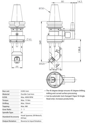 BT50 MODULAR 45° ANGLE HEAD FOR SPINDLE TAPER BT50 ER20 TYPE D PIN_80mm ...