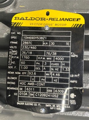 BALDOR VECTOR DRIVE MOTOR 108101102 HP 30 in Coffeyville, KS, USA