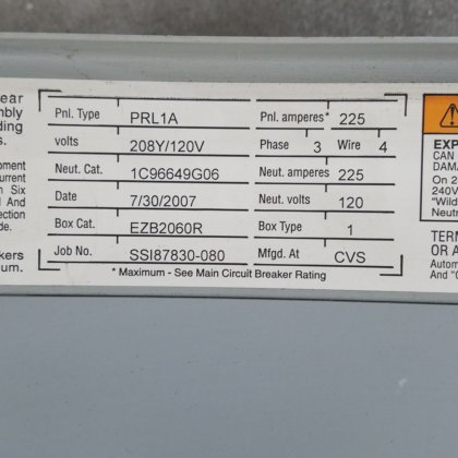 EATON PRL1A Panel Board, 225A, 208Y/120V, 3 Phase, 4 Wire - in ...