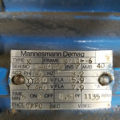 Mannesmann Demag KBA 71 Electric Motor Unit, 0.56Hp, 230/460V, 1070Rpm ...