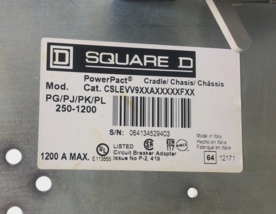 Square D 1200A PL 1200 Frame PowerPact Breaker Cradle Chassis 250-1200 ...