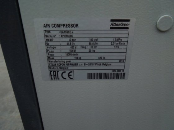 ATLAS COPCO GA15VSD+ 15KW 2018r-9 CENTRAL SPRING COMPRESSOR in Milicz ...