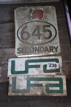 2- UFA signs, sears sign, road signs in Willingdon, Alberta, Canada